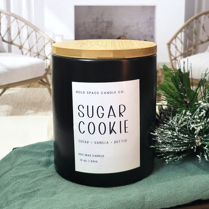 Sugar Cookie- Sugar + Vanilla + Butter- 12 oz. Candle w/ Bamboo Lid ...