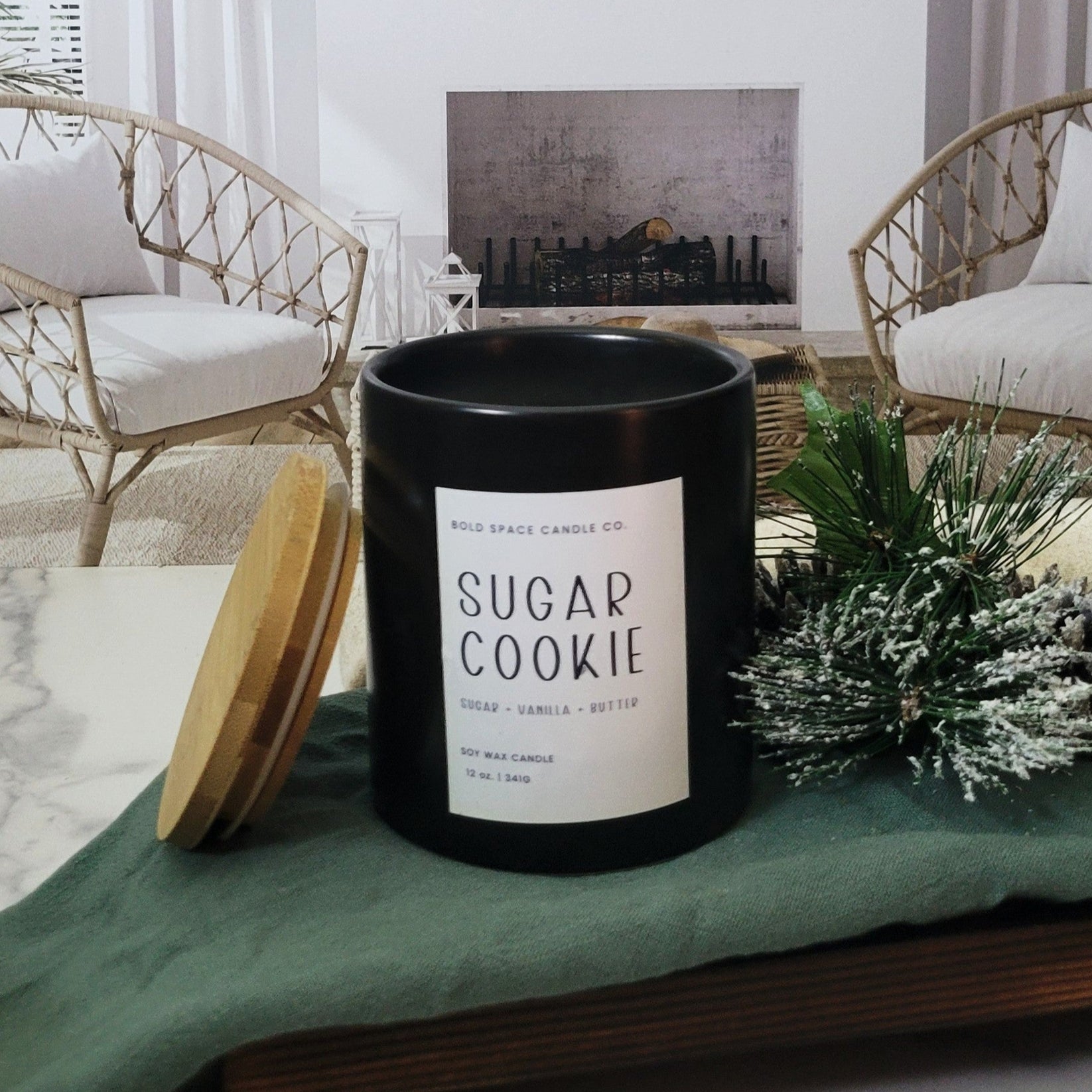 Sugar Cookie- Sugar + Vanilla + Butter- 12 oz. Candle w/ Bamboo Lid ...