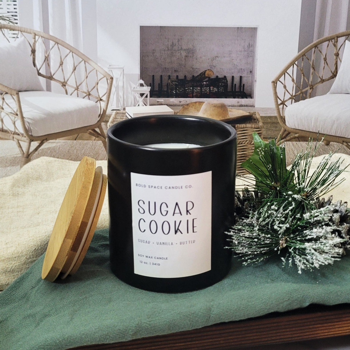 Sugar Cookie- Sugar + Vanilla + Butter- 12 oz. Candle w/ Bamboo Lid ...