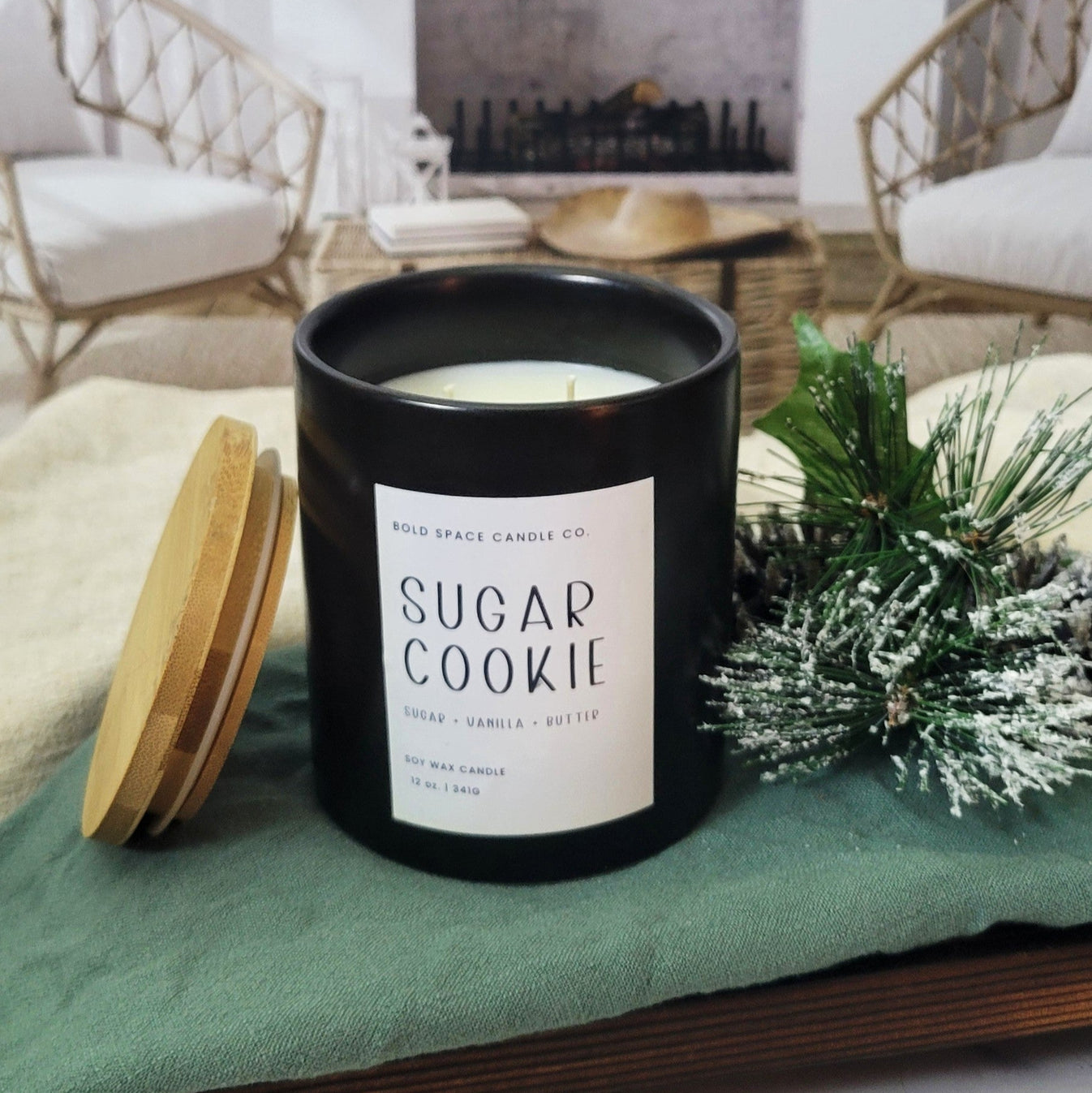 Sugar Cookie- Sugar + Vanilla + Butter- 12 oz. Candle w/ Bamboo Lid ...